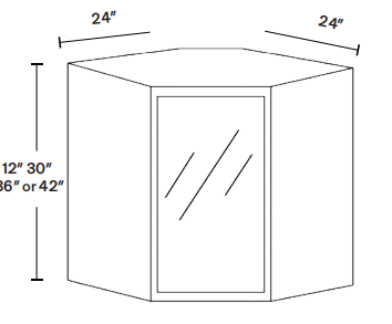 Diagonal glass wall corner cabinet in Shaker grain melamine, salted oa ...